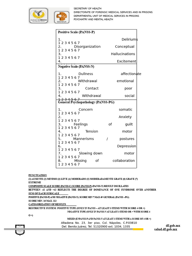 Scale For Positive and Negative Syndrome of Schizophrenia | PDF ...
