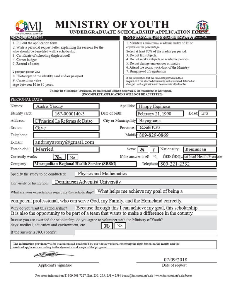 Dominican Republic Scholarship Application Form | PDF | Identity Document