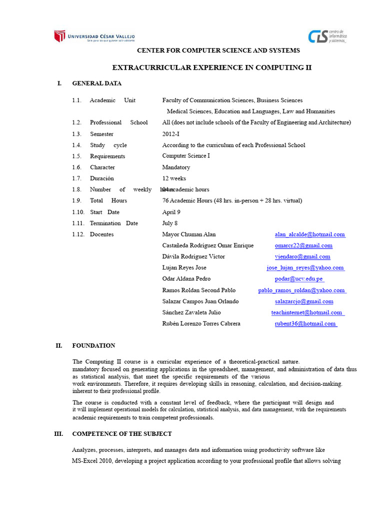 Syllabus of Computer Science II PDF | PDF | Statistics | Microsoft Excel