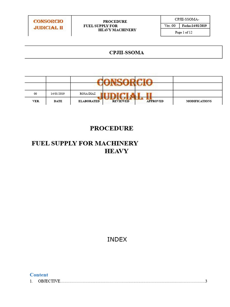 Fuel Supply Procedure for Heavy Machinery | PDF | Occupational Safety ...