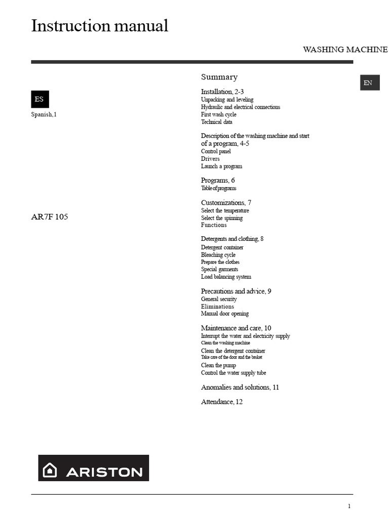 Ariston Washing Machine Manual | PDF | Washing Machine | Textiles