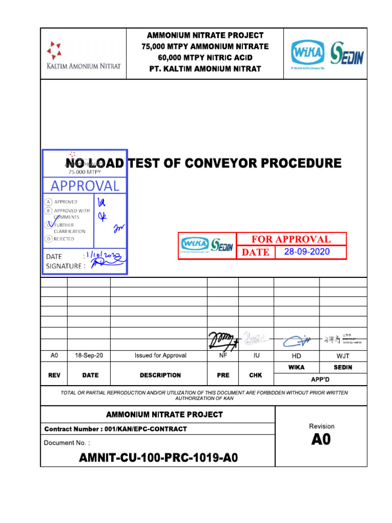 AMNIT-CU-100-PRC-1019-A0 - No Load Test of Conveyor Procedure 0210 | PDF