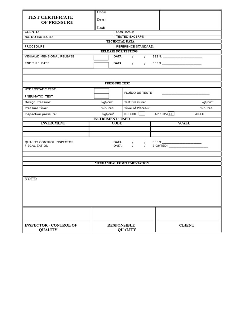 Hydrostatic Test Certificate | PDF | Pressure | Mechanical Engineering