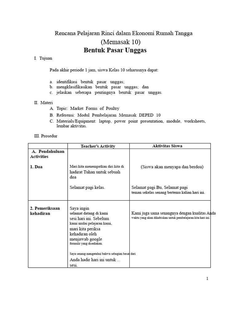 Bentuk Pasar Poultry RENCANA PEMBELAJARAN 1 | PDF