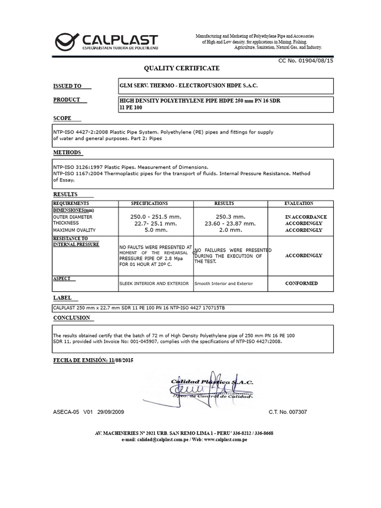HDPE Pipe Quality Certification Document | PDF | Pipe (Fluid Conveyance ...