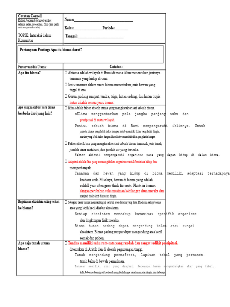 Catatan Cornell - Bioma Darat Dan Ekosistem Akuatik Versi Terisi | PDF