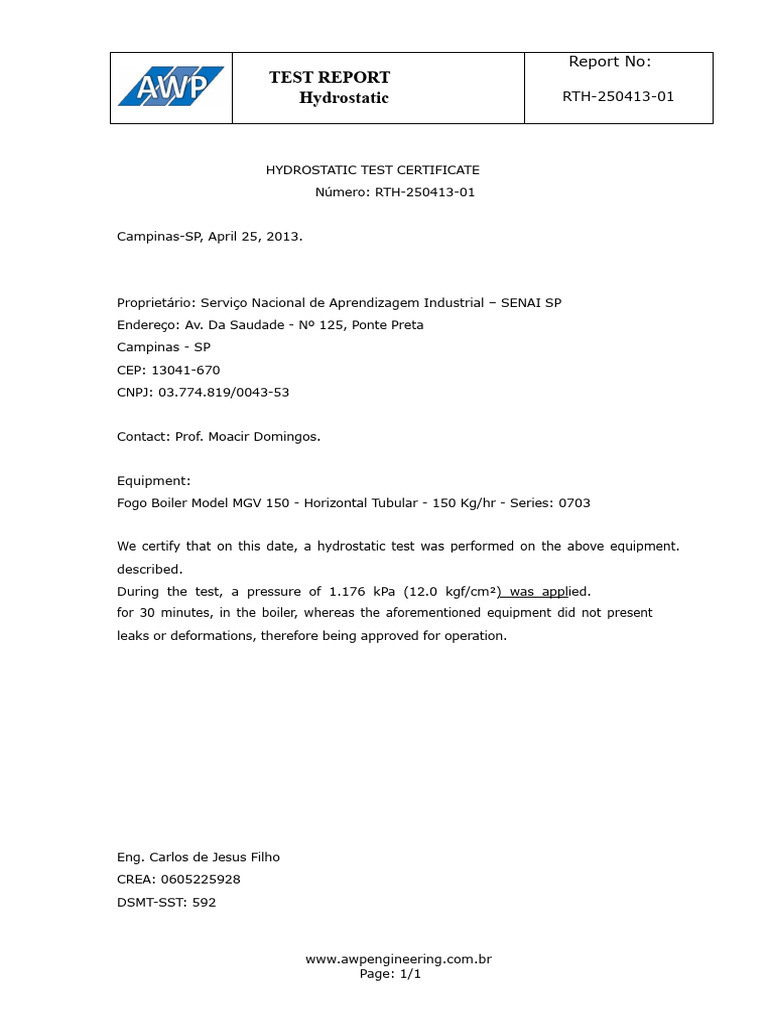 Hydrostatic Test Report | PDF