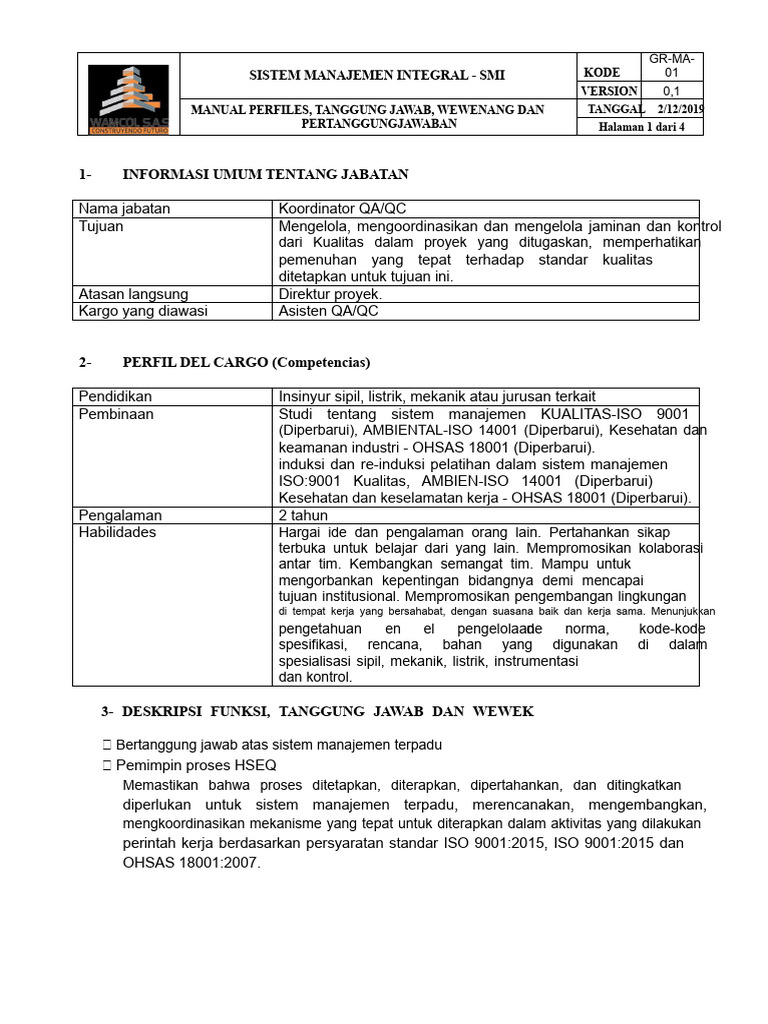Profil Koordinator QA/QC Proyek | PDF