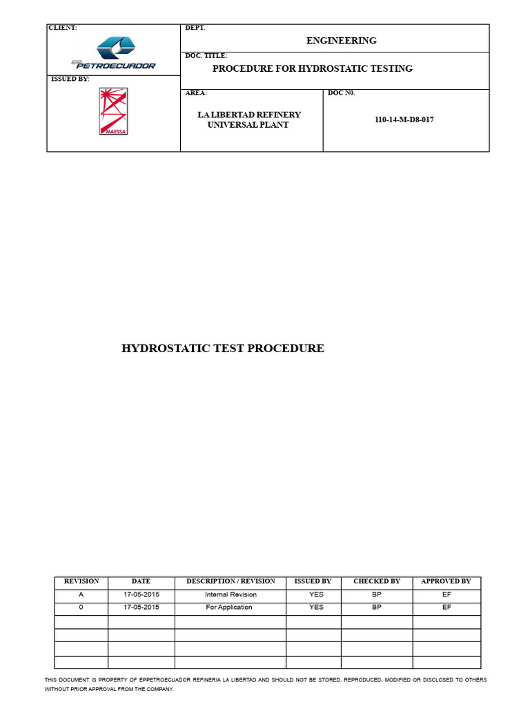 Hydrostatic Testing Procedure | PDF | Pressure | Pipe (Fluid Conveyance)