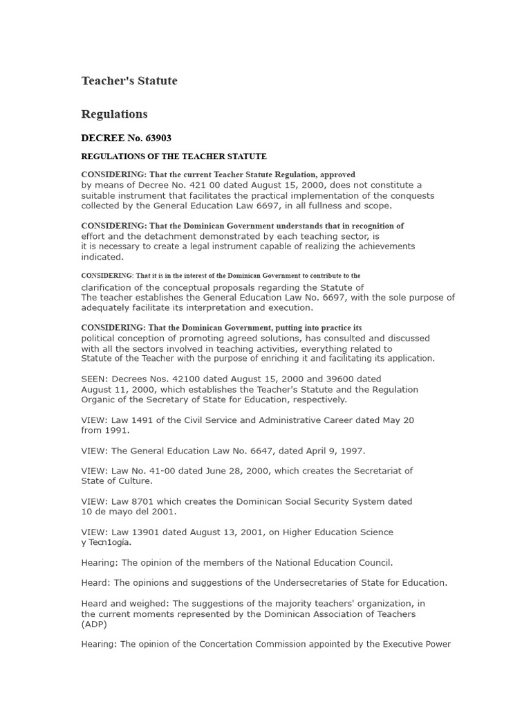 Regulation of The Teacher Statute | PDF | Teachers | Evaluation