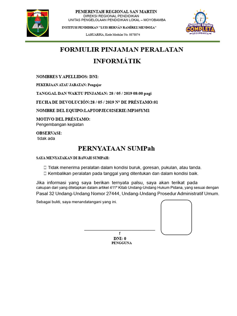 Formulir Pinjam Kembali Laptop Pendidikan | PDF