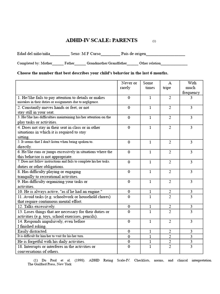 ADHD RATING SCALE - Parents Document PDF | PDF | Attention Deficit Hyperactivity Disorder ...