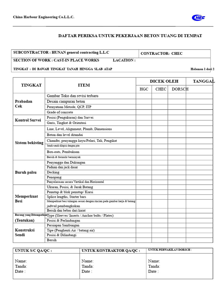 Beton Cor Tempat - Daftar Periksa | PDF