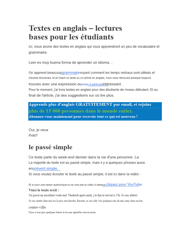 Textes d'anglais gratuits pour débutants | PDF
