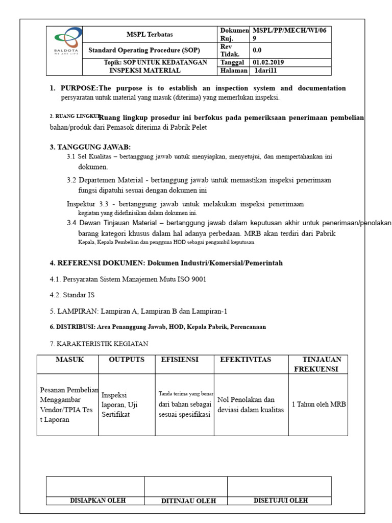 SOP Inspeksi Material Masuk | PDF