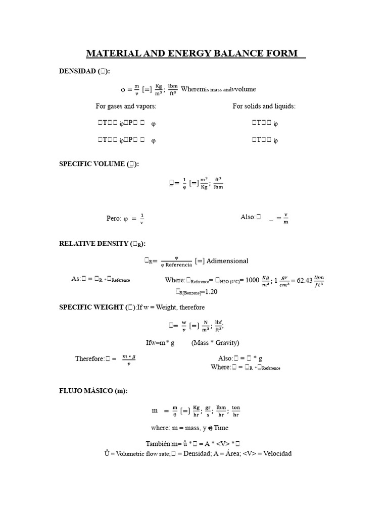 MATERIAL AND ENERGY BALANCE FORMULAS.pdf | PDF | Mole (Unit) | Density