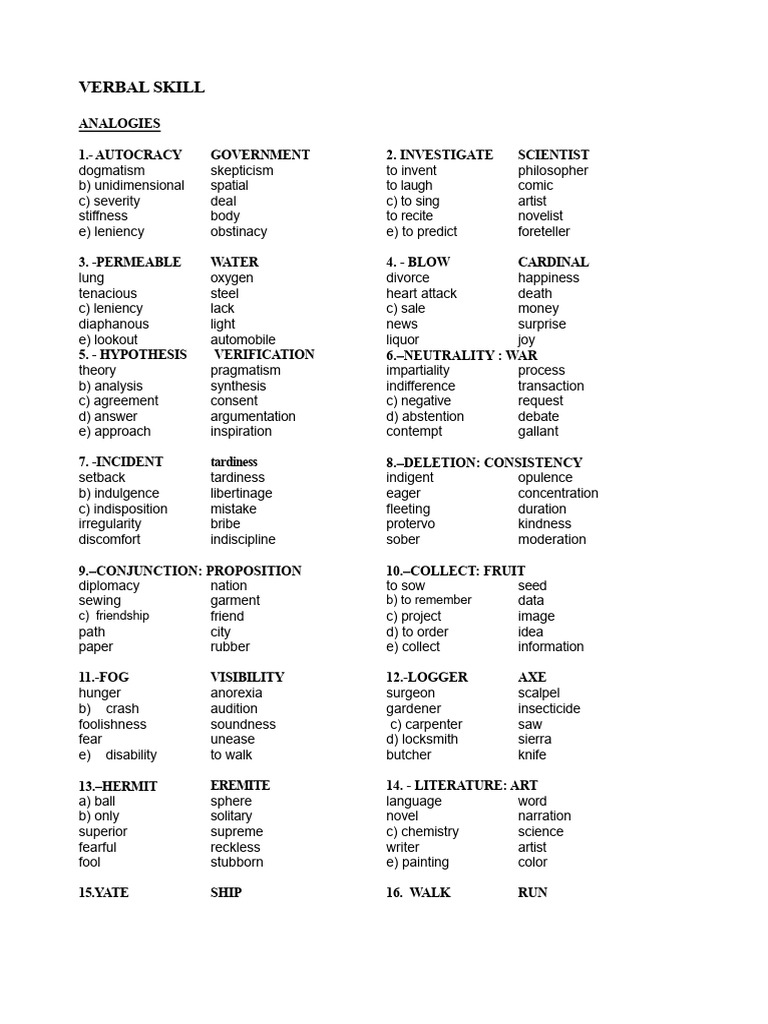 Verbal Skill Analogies Exercises | PDF