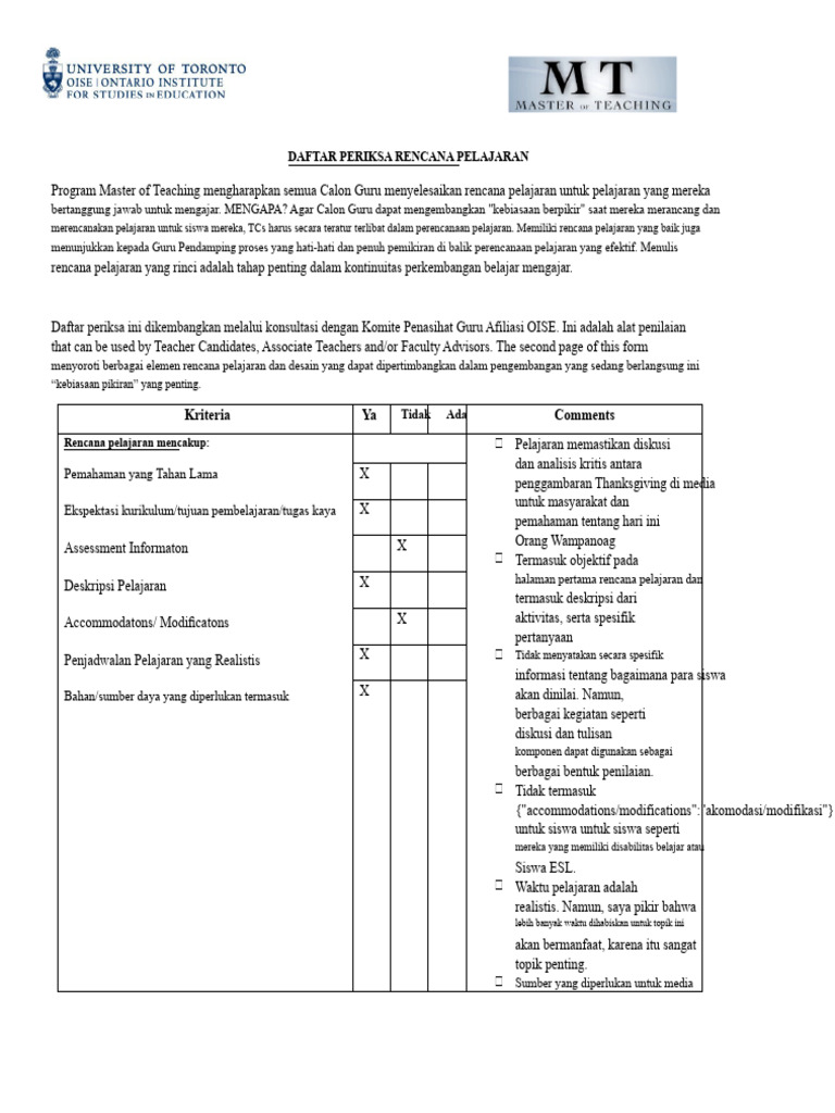 Daftar Periksa Rencana Pelajaran-2 | PDF
