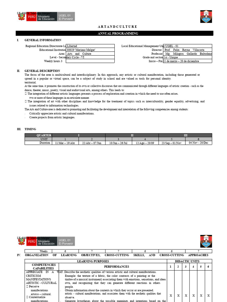 Annual Programming of The Arts and Culture Area For 1st Year of ...