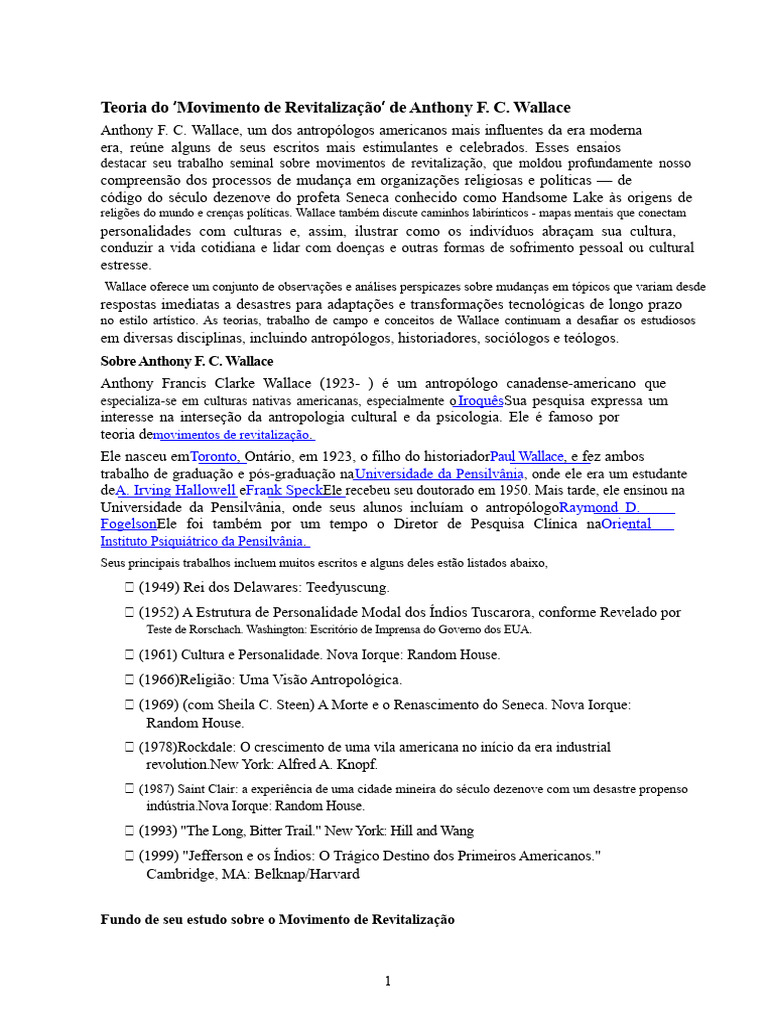 Sobre a Teoria da Revitalização de Anthony F. C. Wallace | PDF ...