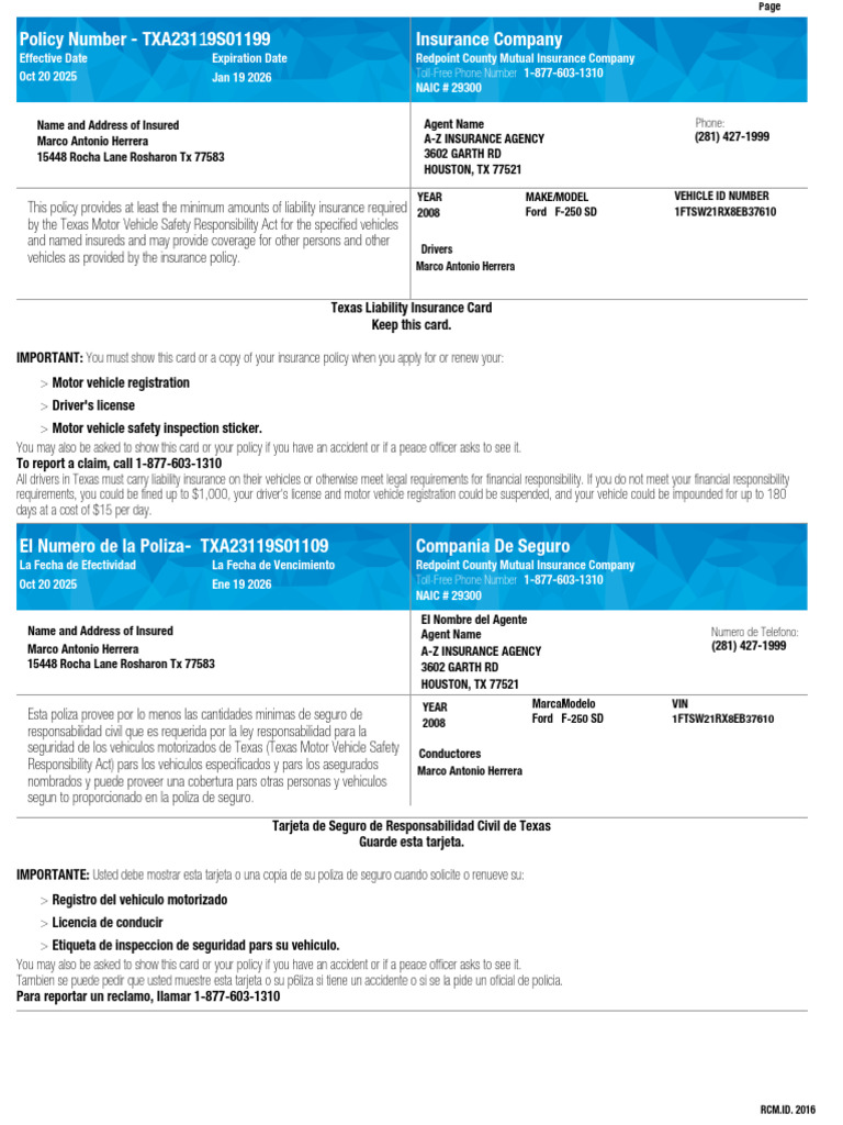 Texas Liability Insurance Card 2008 Ford F-250 | PDF | Insurance ...