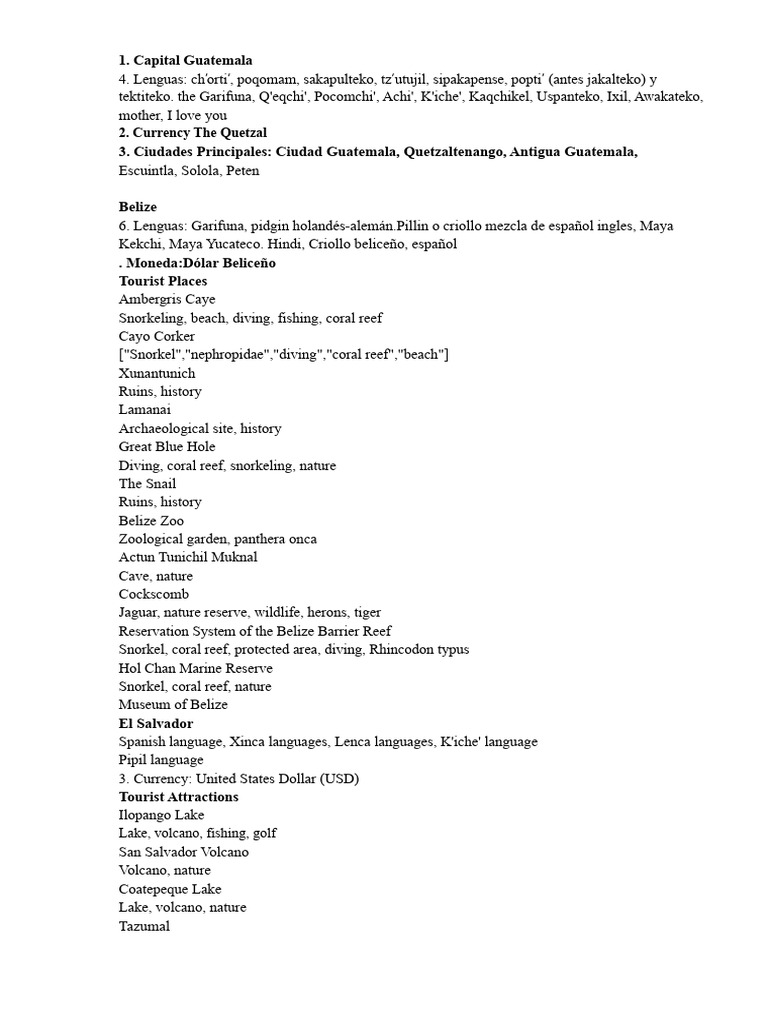 Central American Countries, Currency and Language | PDF | Central ...