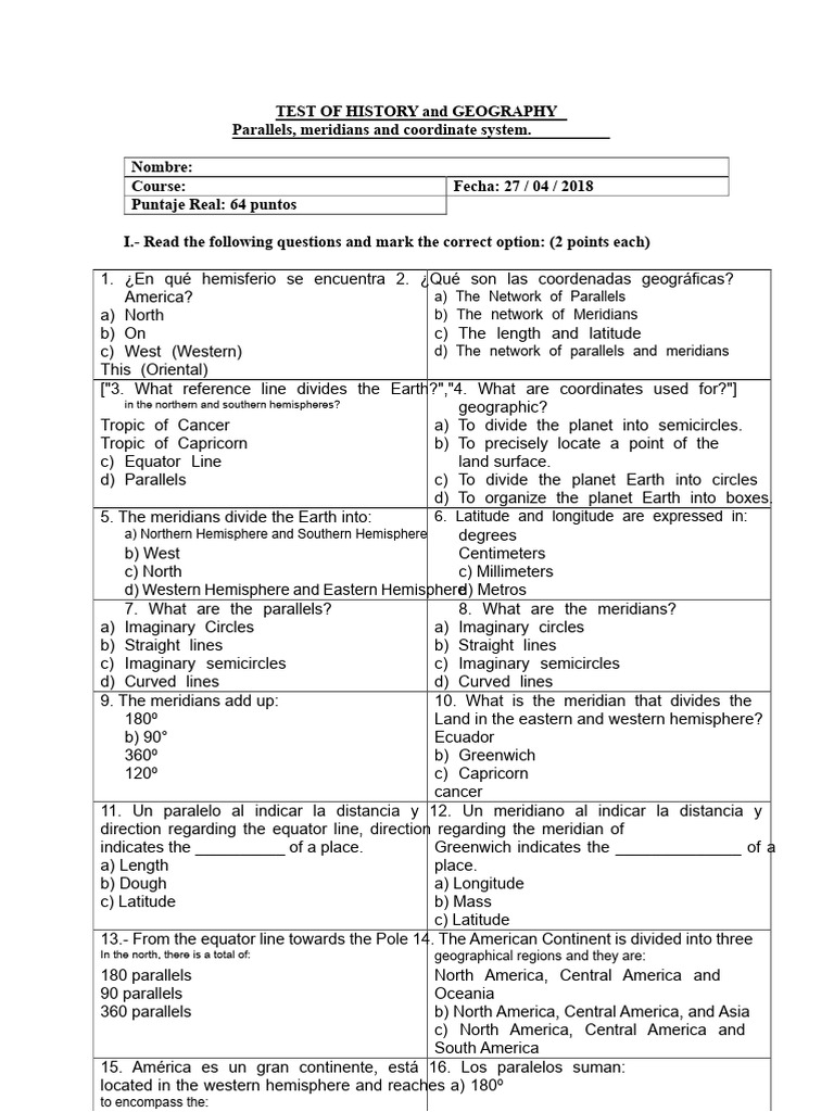 Test Parallels, Meridians, and Coordinate Systems | PDF | Longitude ...