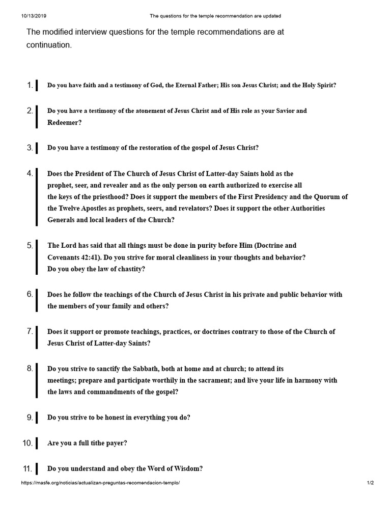 New questions for the temple recommendation | PDF | The Church Of Jesus ...