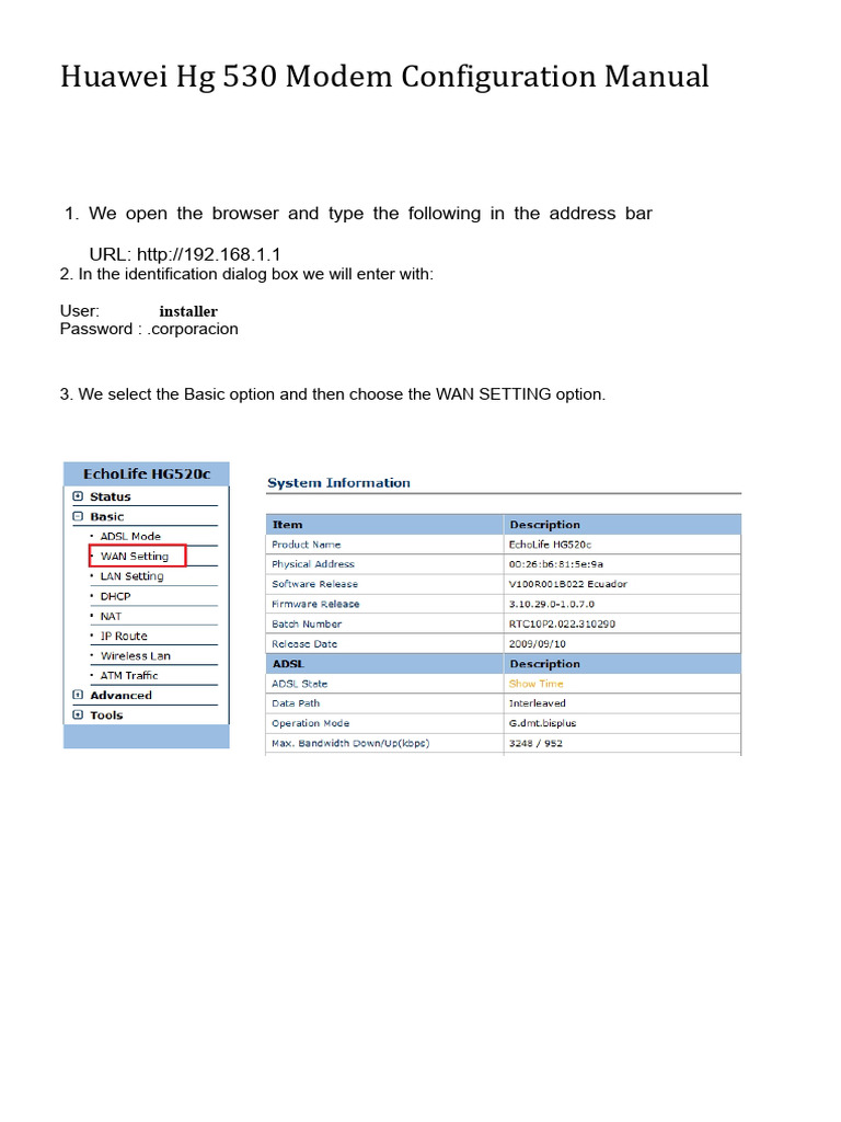 Huawei HG530 Modem Setup Guide | PDF