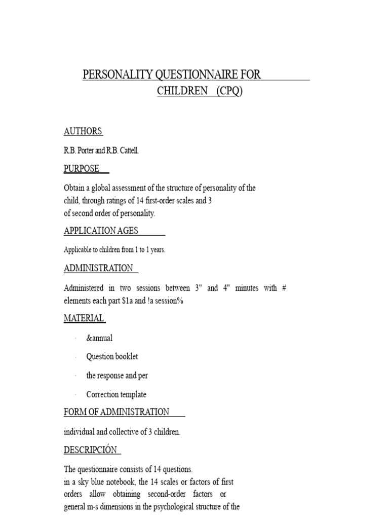 Child Personality Questionnaire Overview | PDF | Psychology ...