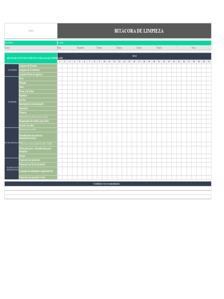 Formato de Bitácora de Limpeza Excel | PDF