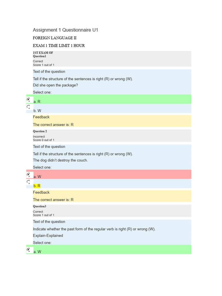 Foreign Language II Exam 1 Questions | PDF | Question | Verb