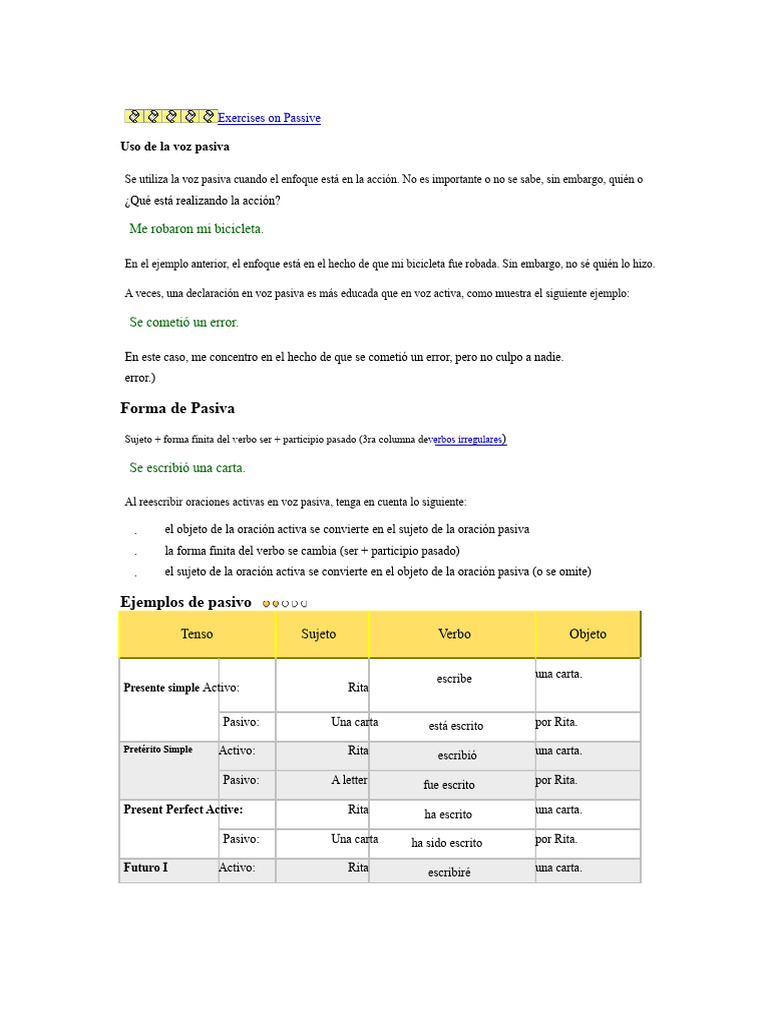 Ejercicios Sobre La Voz Pasiva | PDF | Verbo | Asunto (gramática)