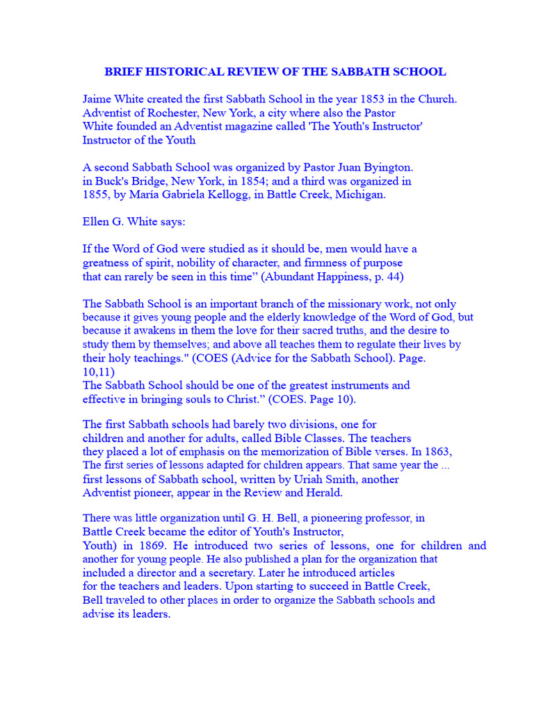 Sabbath School, Its History | PDF | Sunday School | Seventh Day ...