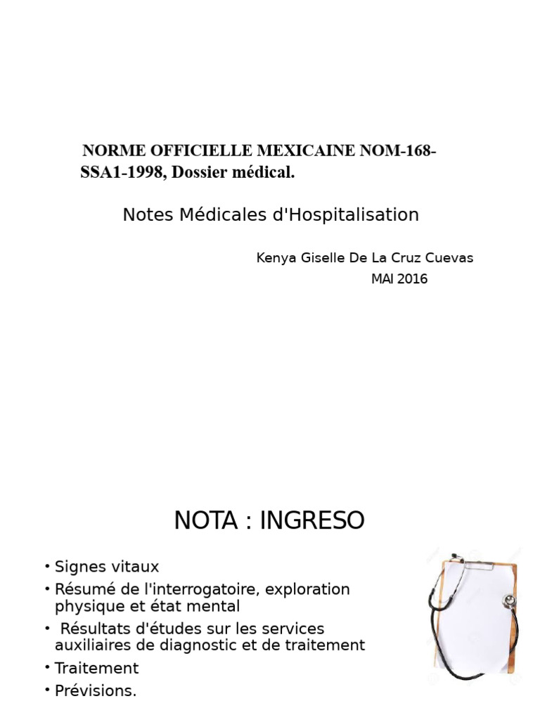 Dossier Médical : Norme NOM-168-SSA1-1998 | PDF | Médecine clinique ...