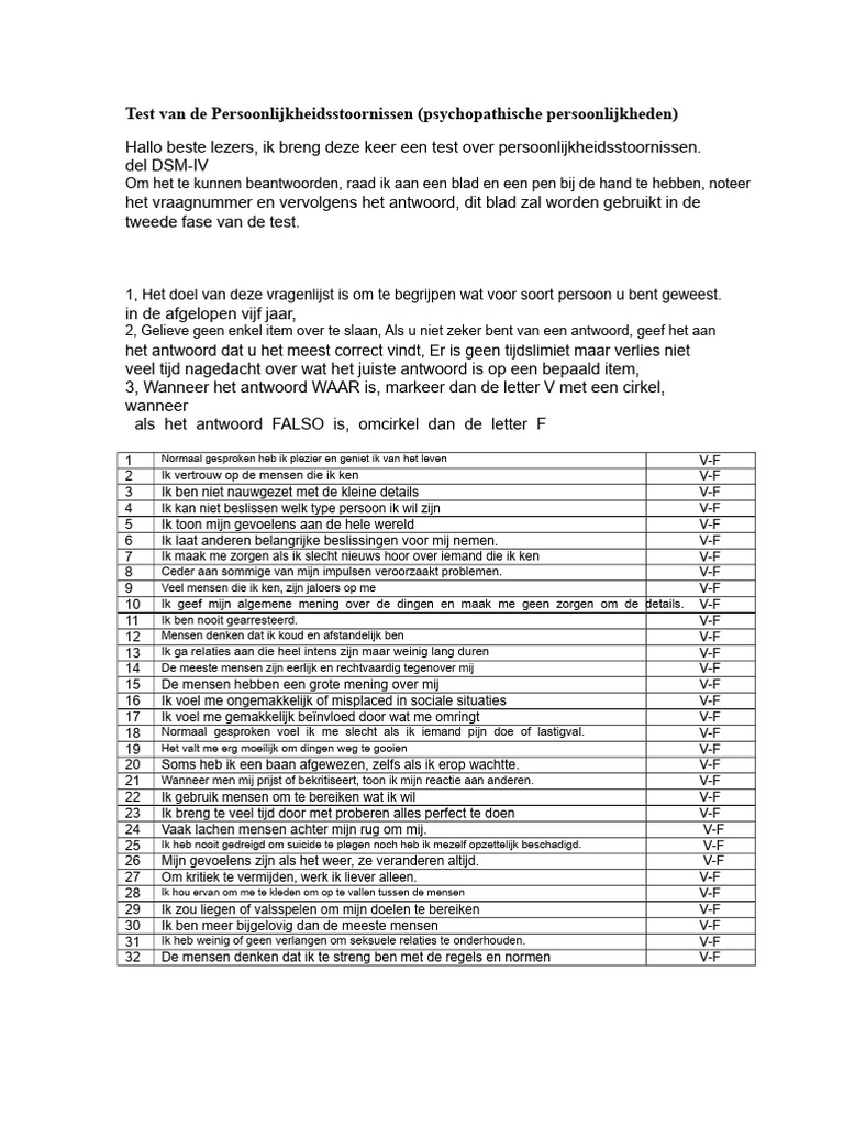 Persoonlijkheidsstoornissen Test | PDF