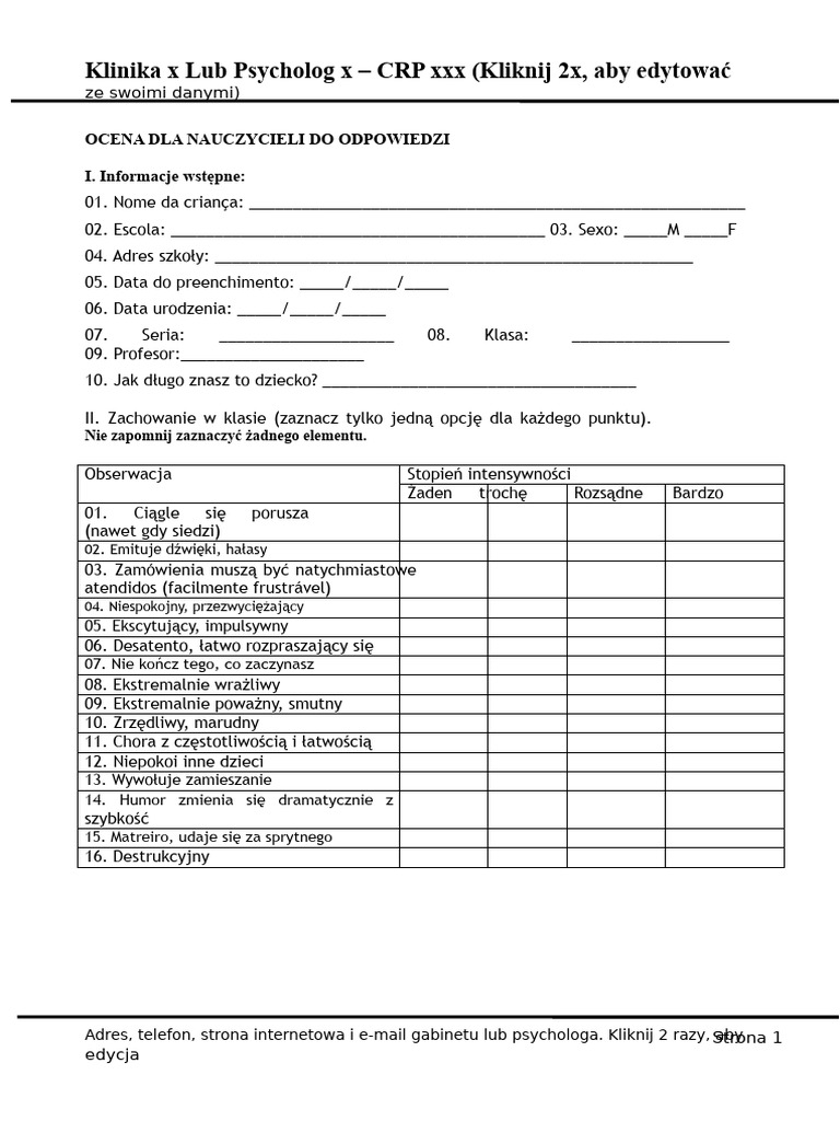 Model - Skala Oceniania Dla Nauczyciela Do Pracy Z Dzieckiem I ...