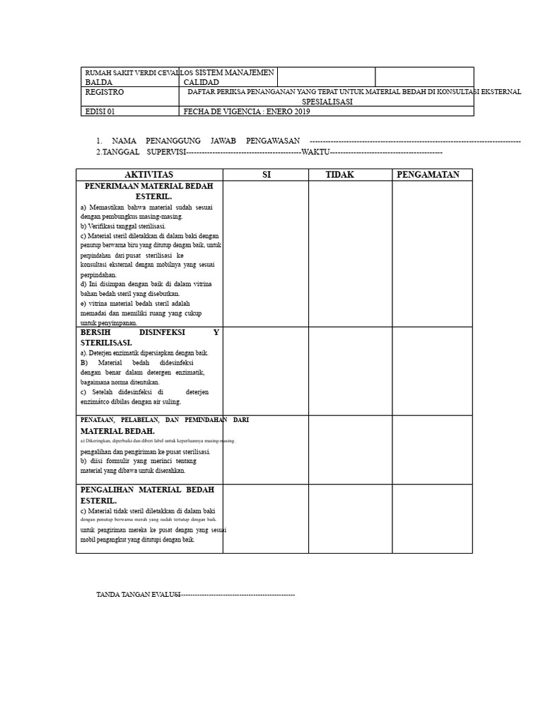 CHECKLIST PENGELOLAAAN MATERIAL BEDAH CEE VALE - Salinan | PDF