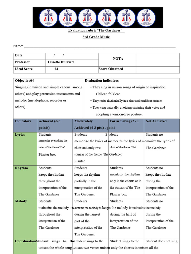 Evaluation Rubric Music 3rd Singing | PDF | Rhythm | Singing