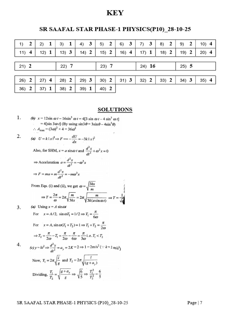 SR Saafal Star Phase-1 Physics (P10) - 28-10-25 Key | PDF | Chess ...