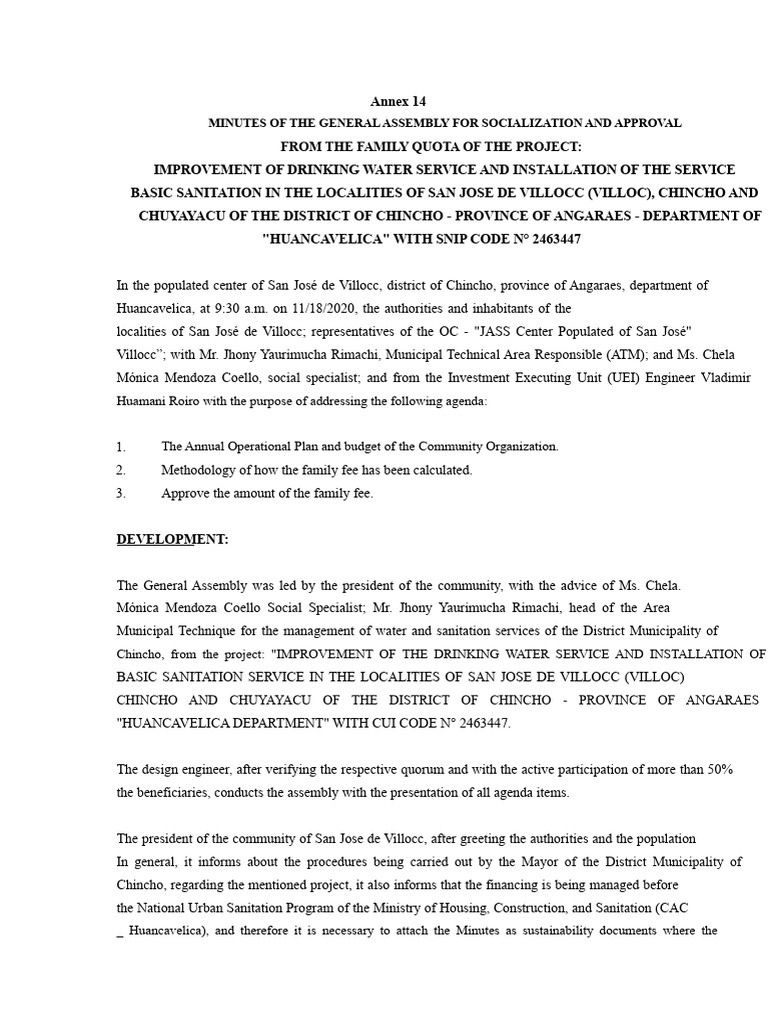 Annex 14. Model Approval Minutes For Family Fee | PDF | Sewage ...