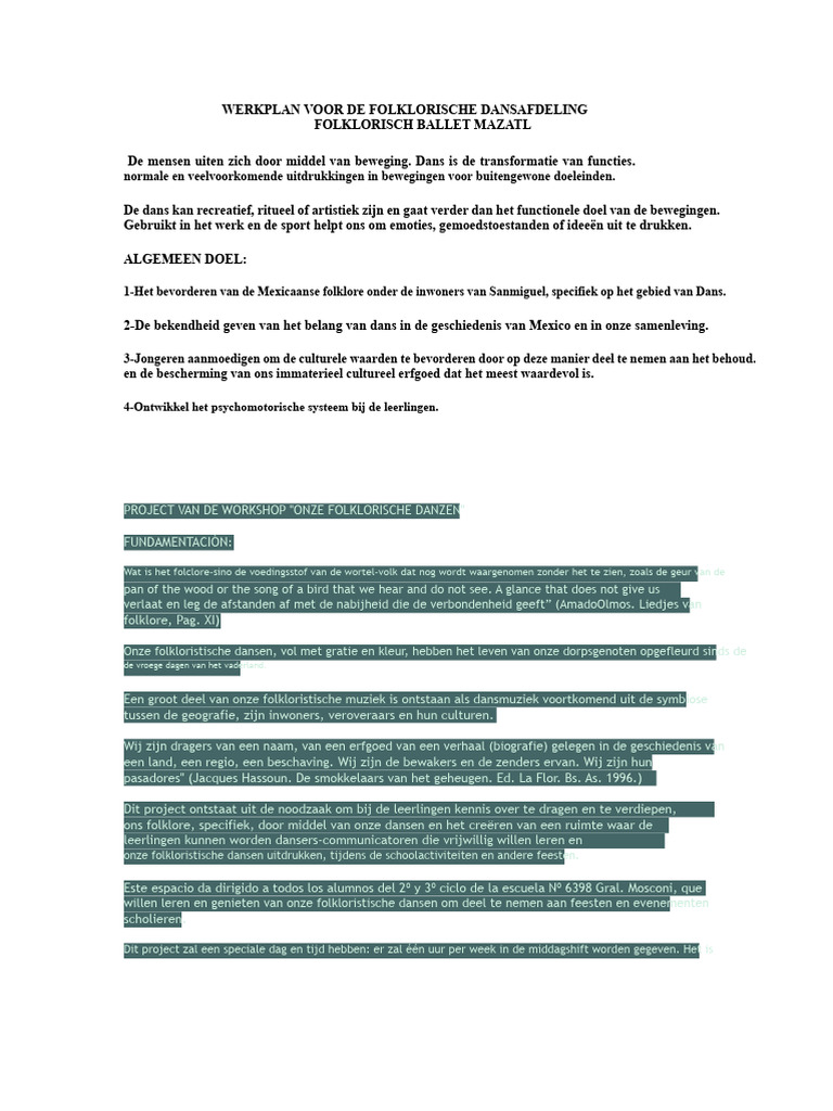 Werkplan voor het gebied van Folkloristische Dans | PDF