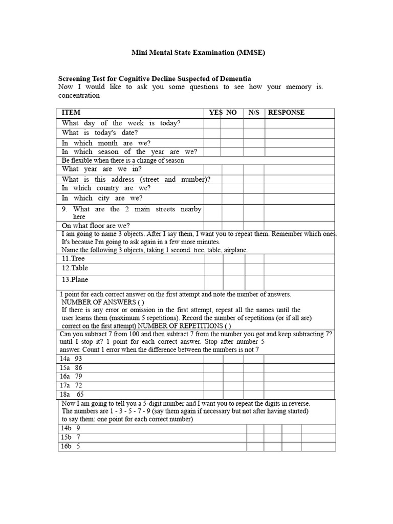 MMSE Test Questions for Cognitive Assessment | PDF | Psychological ...