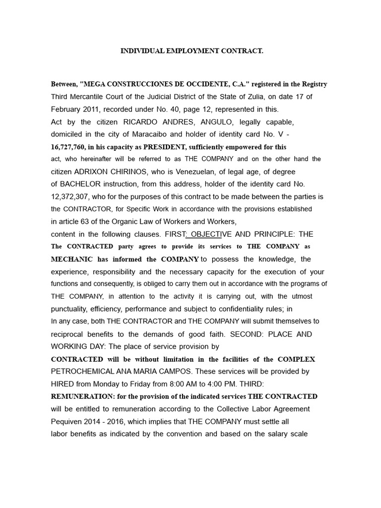 Pequiven Mechanics Contract Model | PDF | Identity Document | Employment