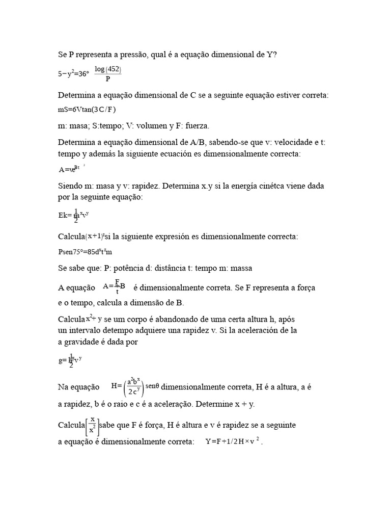 Exercícios Análise Dimensional | PDF | Velocidade | Tempo