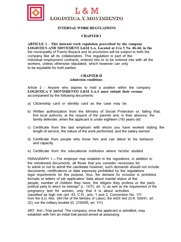 Internal Work Regulations - LOGISTICS AND MOVEMENT L&M S.A.S PDF | PDF ...