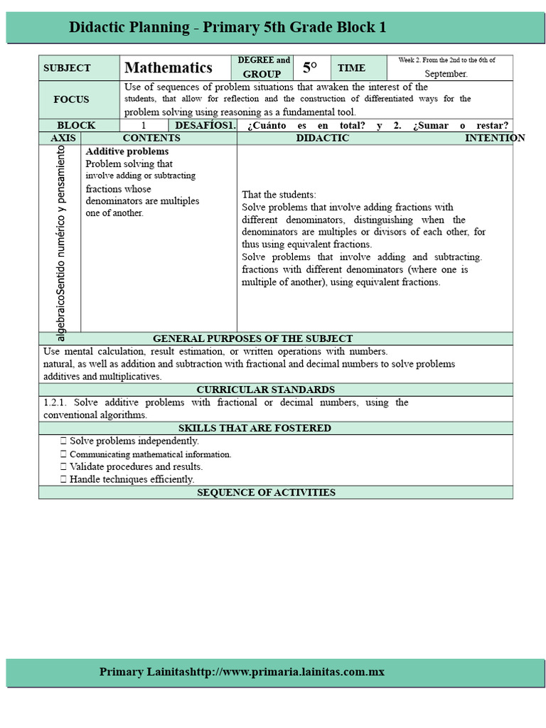 5th Grade Math Didactic Planning | PDF | Division (Mathematics ...