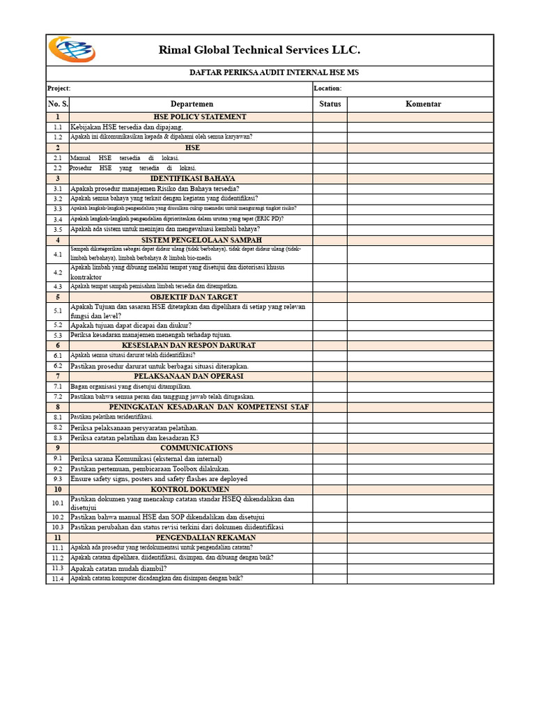 Daftar Periksa Audit Internal Hseq Ims | PDF