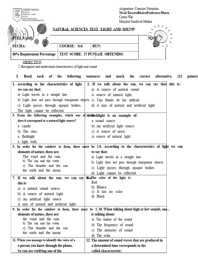 Light and Sound Test Third Grade | PDF | Sound | Light