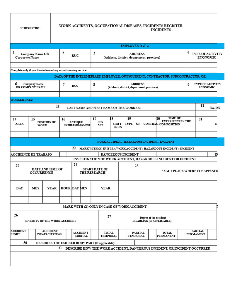 1 Work Accident Register, Occupational Diseases, Hazardous Incidents ...